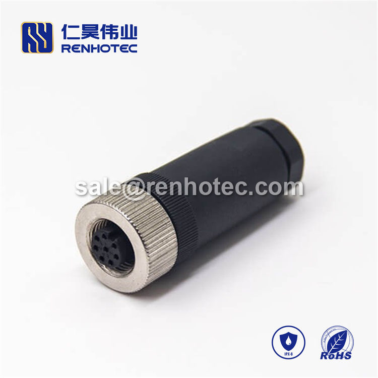M12 Field Wireable Connector, A Code, 8pin, Female, Straight, Cable ...